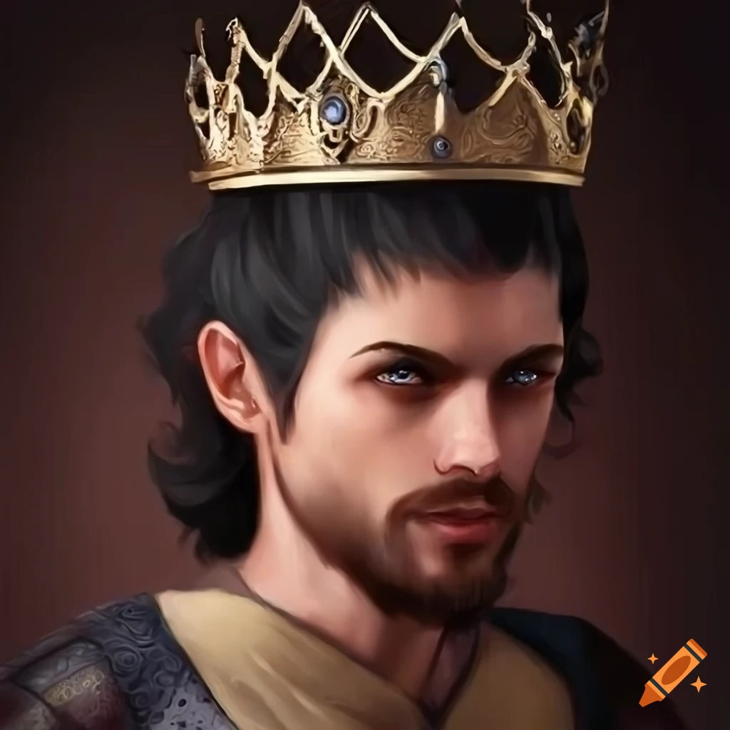 Portrait of a young king with black hair and a crown in a medieval ...