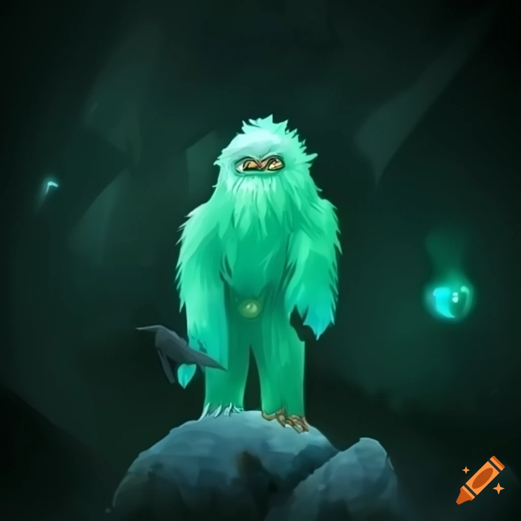 Emerald gem yeti in a calm and peaceful stance on Craiyon