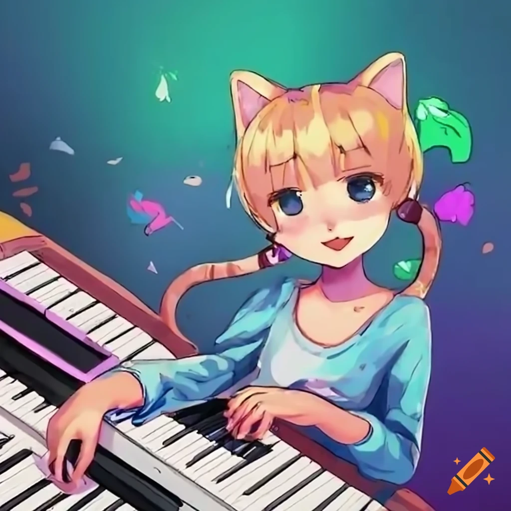 Cat relaxing while playing piano and singing anime songs on Craiyon
