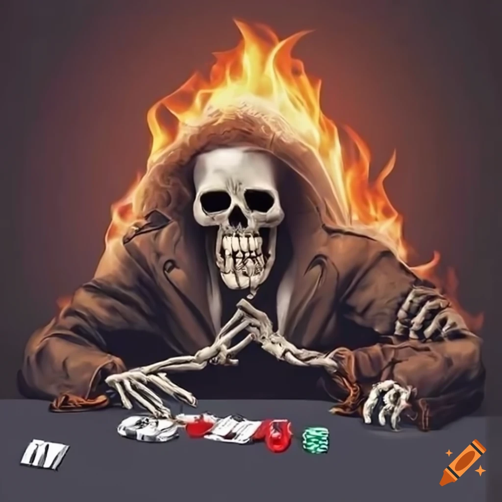 Devious skeleton playing poker while on fire and smoking on Craiyon