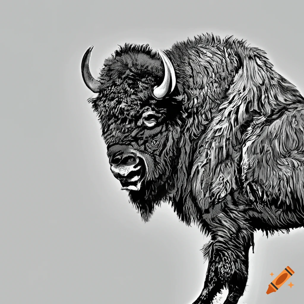Detailed black and white illustration of a bison in profile on Craiyon