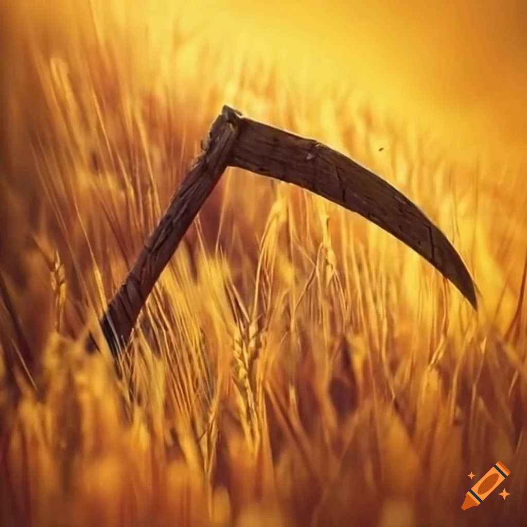 Rustic scythe gleaming in sunlight for wheat harvest on Craiyon