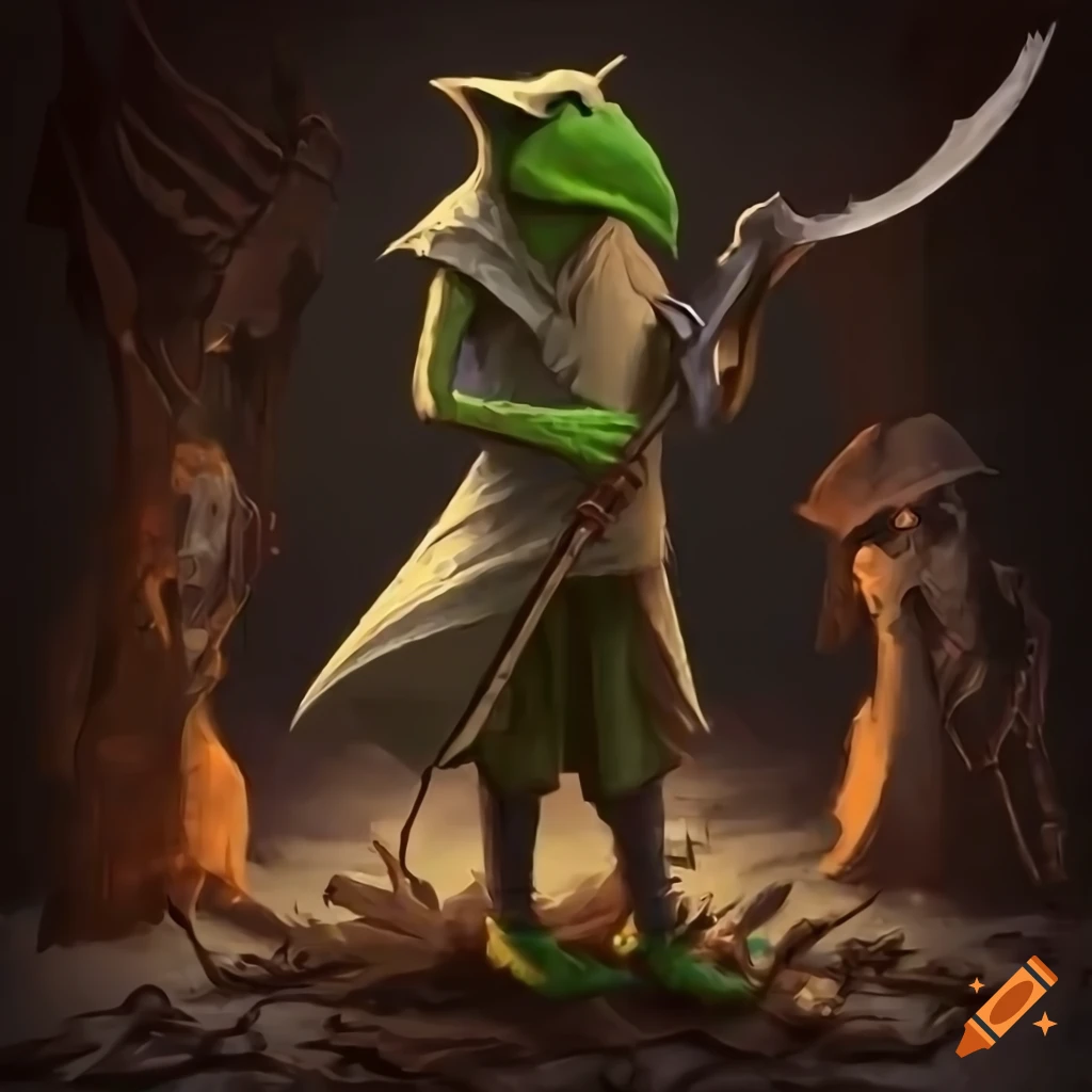Kermit the frog as a plague doctor with a scythe in a diablo 4 style ...