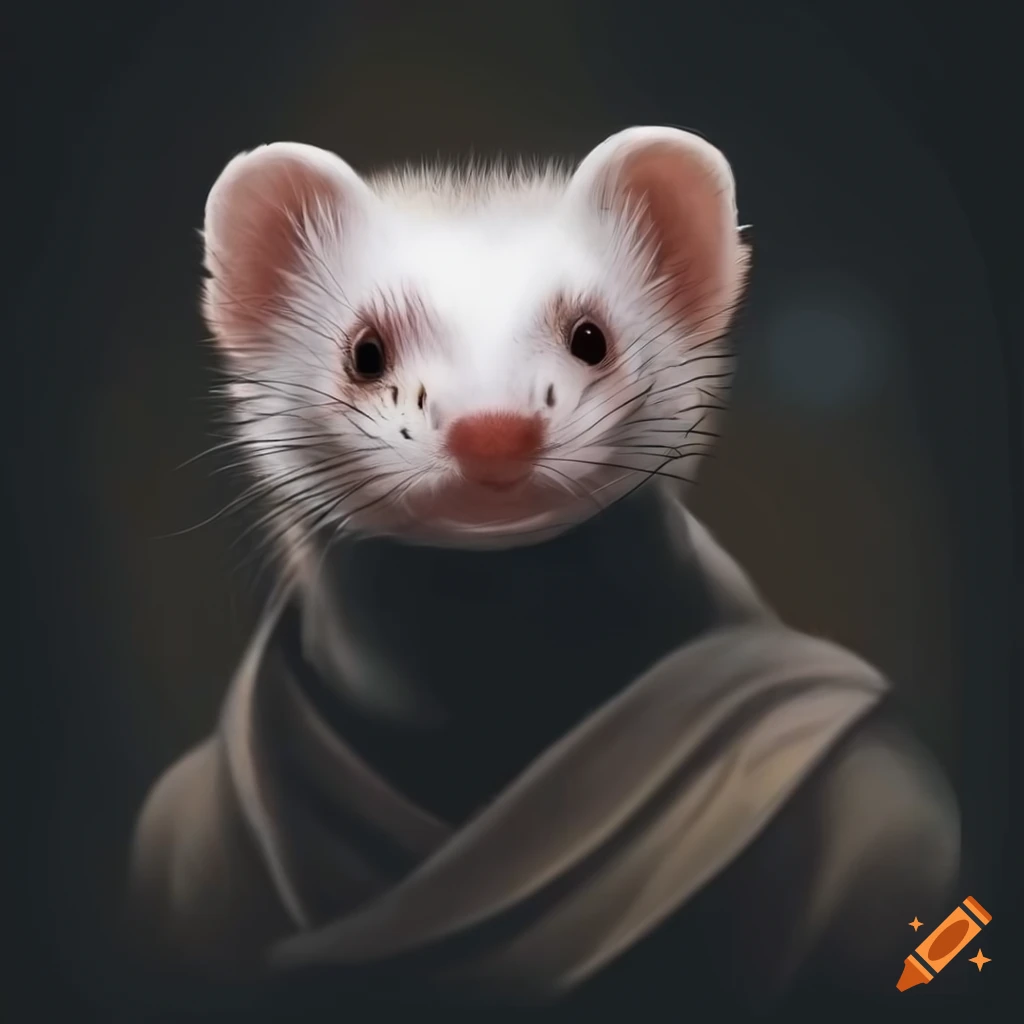 White ferret in ninja costume against a dark silk background on Craiyon