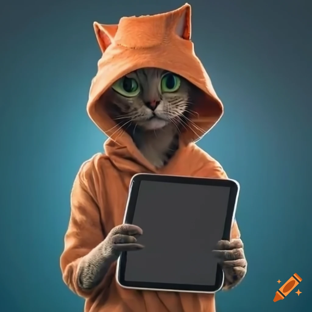 Cat with a hood in a matrix style holding a tablet on Craiyon