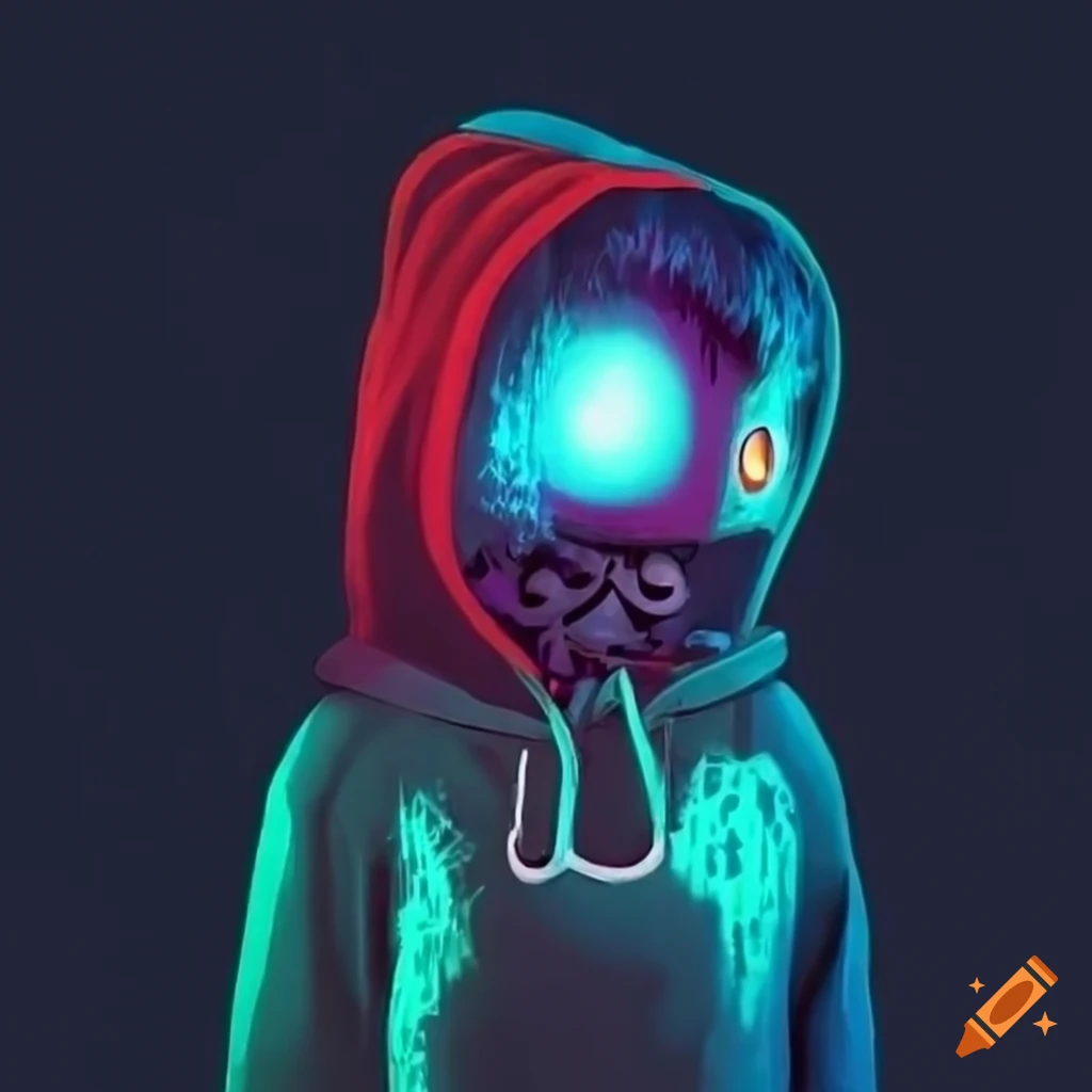 Cute emo cartoon robot with glowing led eyes in hoodie on Craiyon