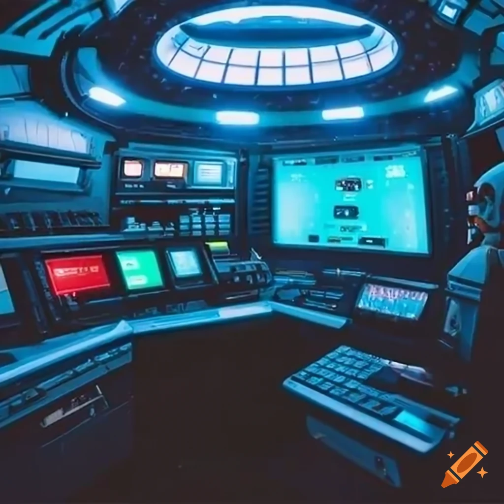 Sci-fi spaceship control room with aliens operating computers on Craiyon