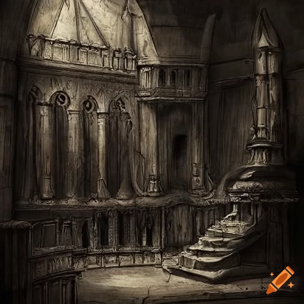 Dark and destroyed ancient courtroom setting on Craiyon