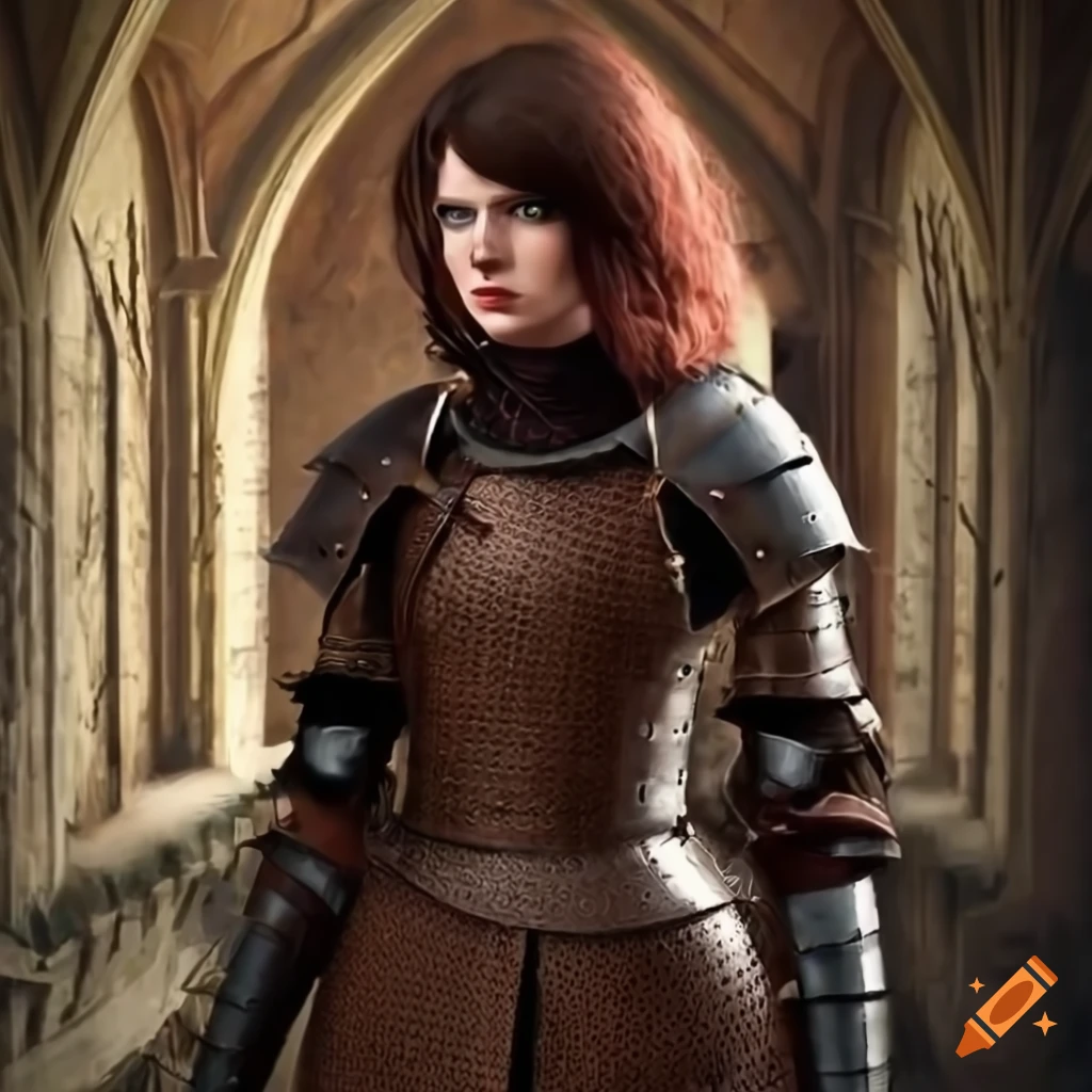 Female rogue in leather armor walking in a medieval hall on Craiyon