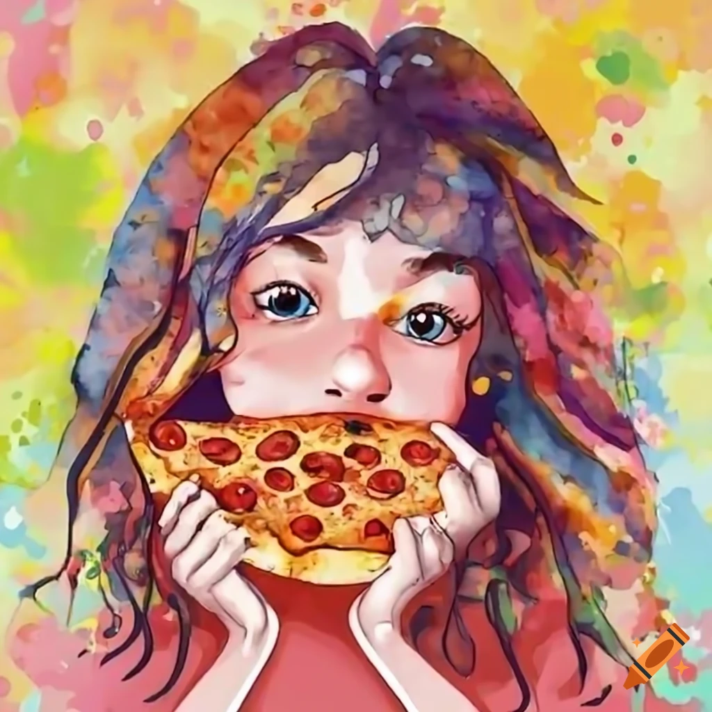 Happy girl enjoying pizza on Craiyon