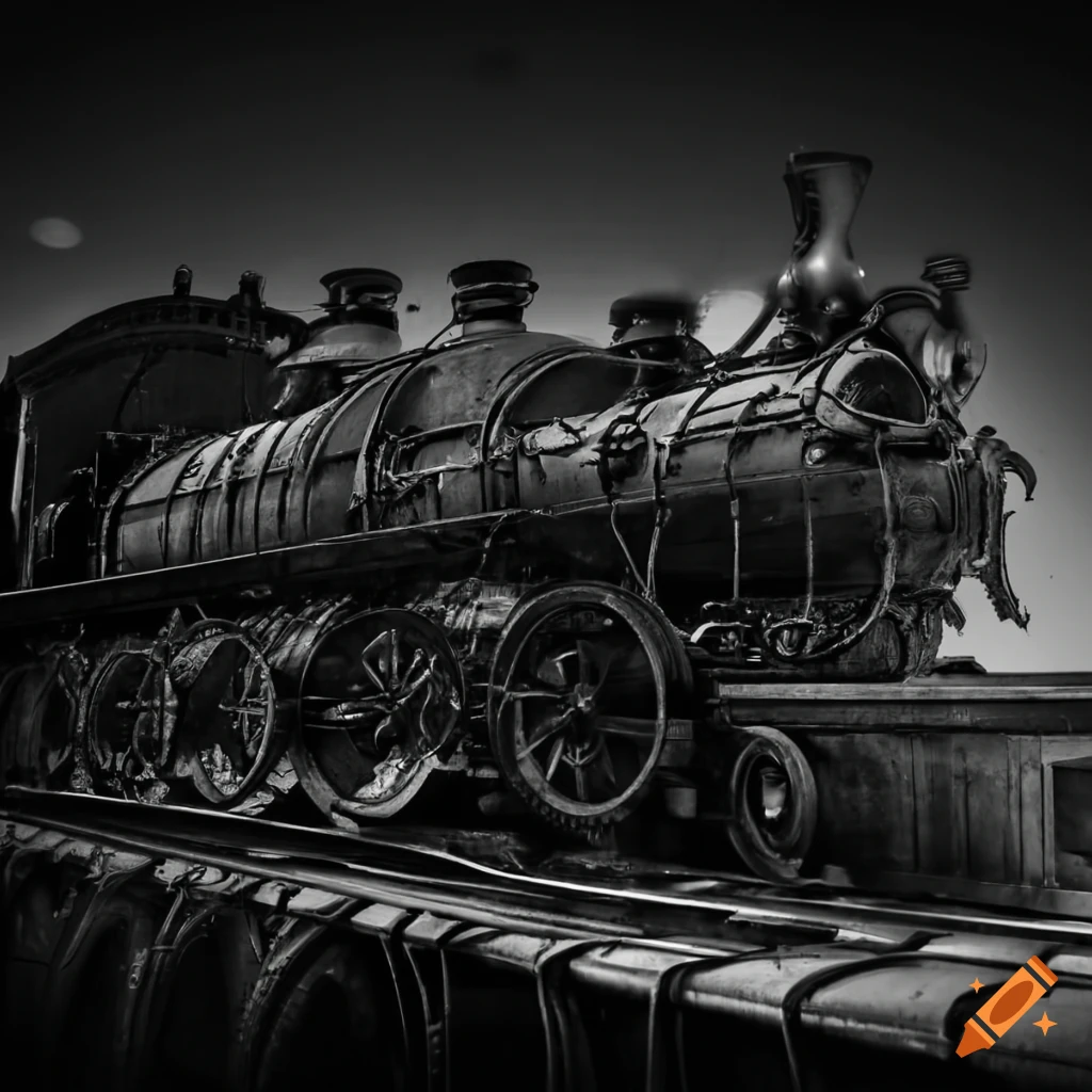 High contrast black and white steampunk ghost train with an industrial ...