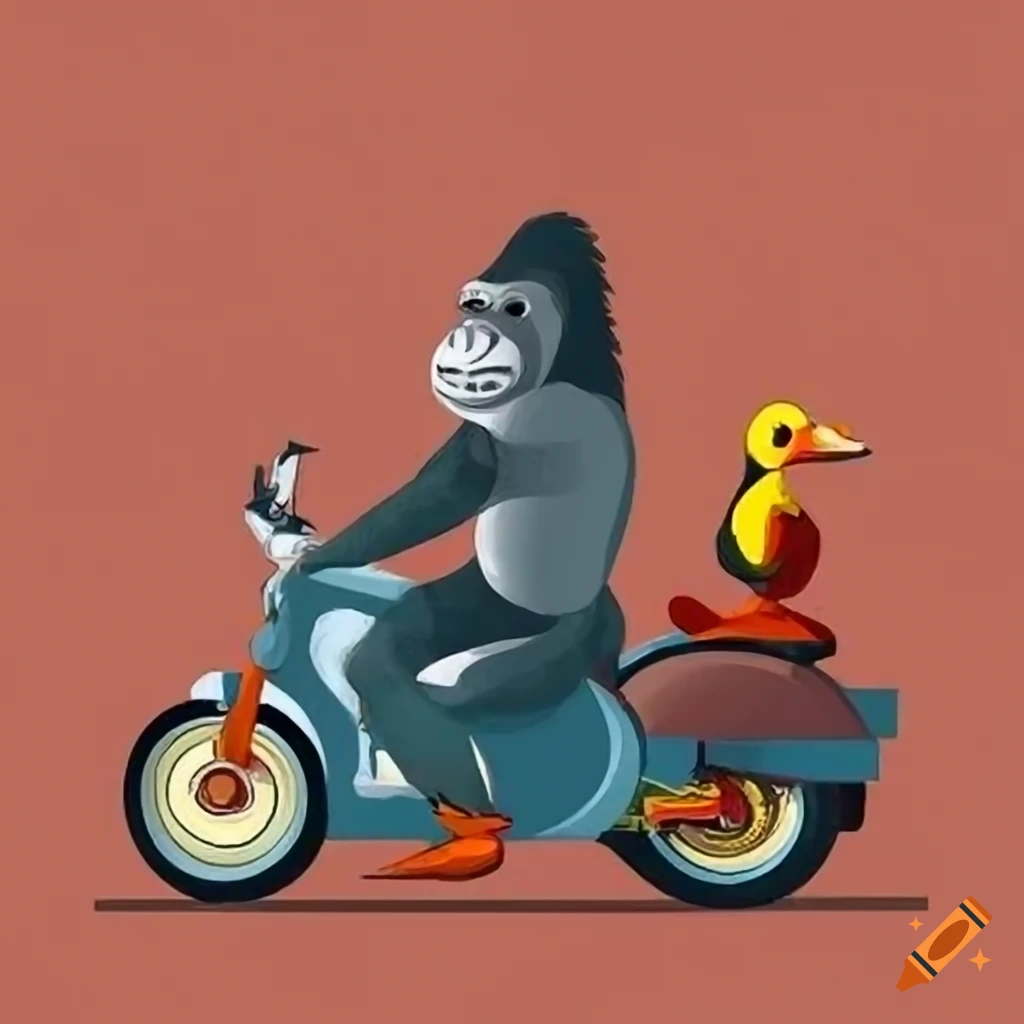 Whimsical illustration of gorilla riding motorcycle with duck in urban ...