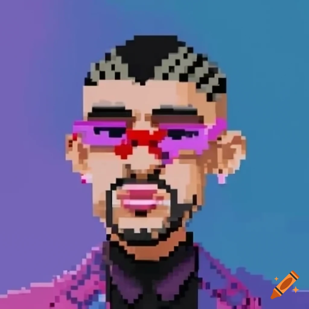 Pixel art of Bad Bunny in stylish outfit and bold posture on Craiyon