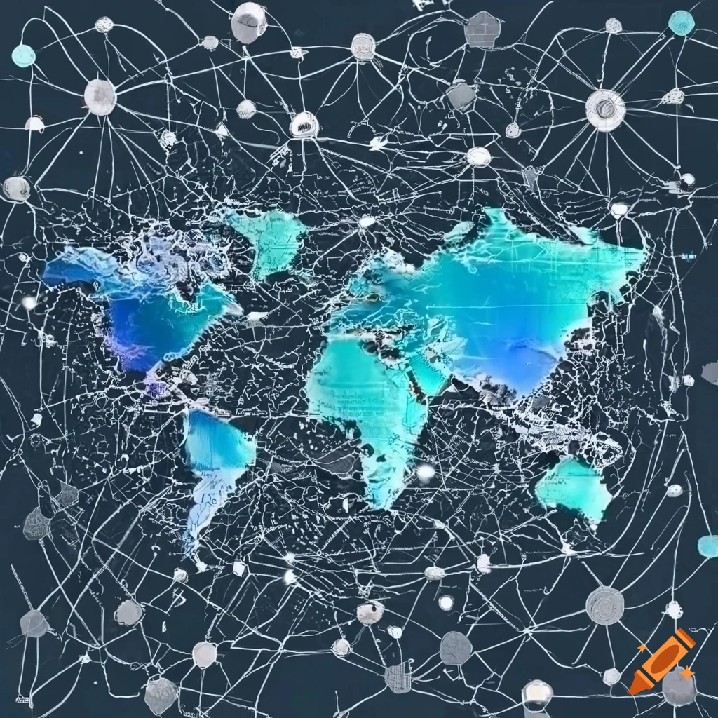 World map with interconnected dots, digital design on Craiyon