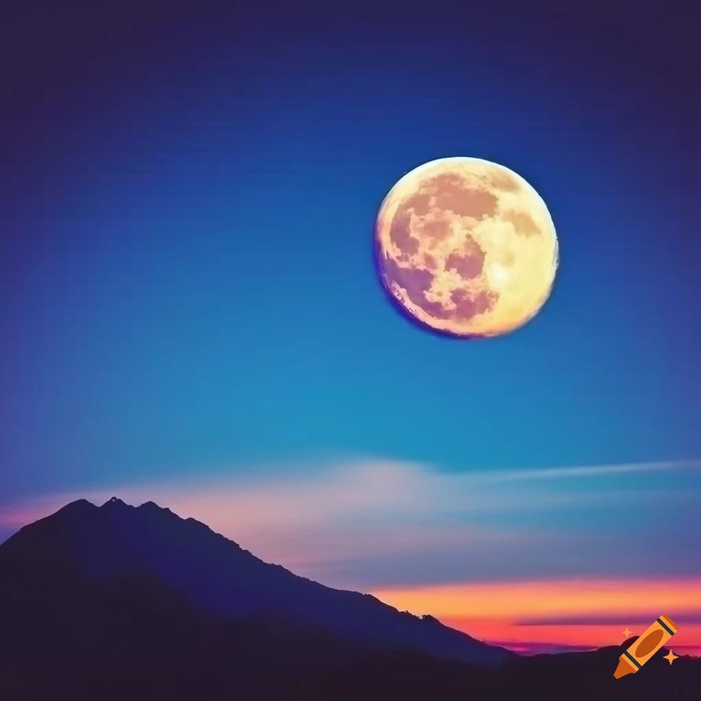 Big moon at sunset with clouds and mountains in the background on Craiyon
