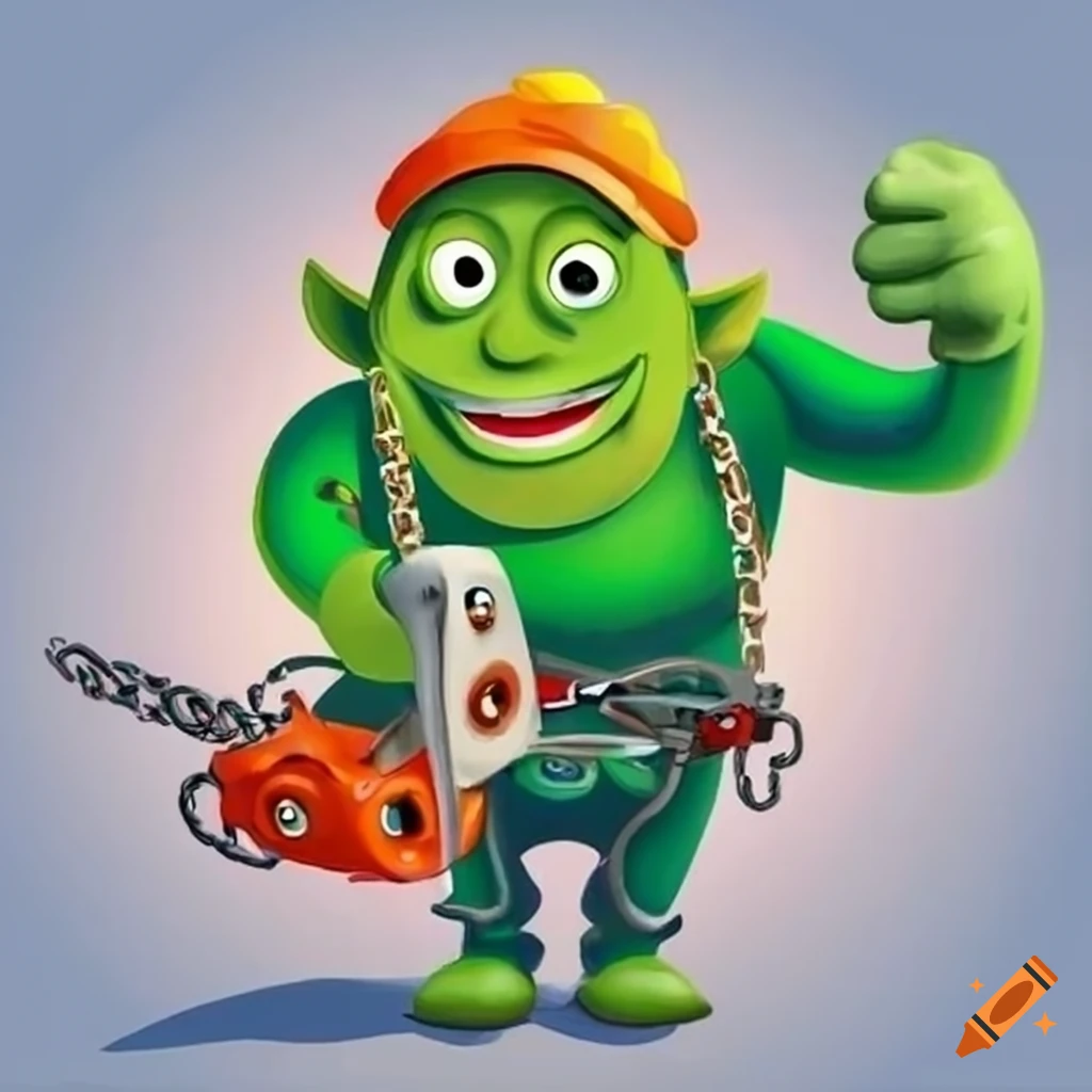 Whimsical cartoon tree service green character with a chainsaw on Craiyon