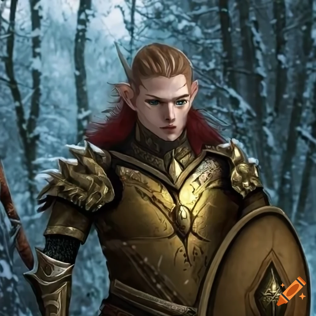 Male elf warrior in golden armor with shield in snowy forest on Craiyon
