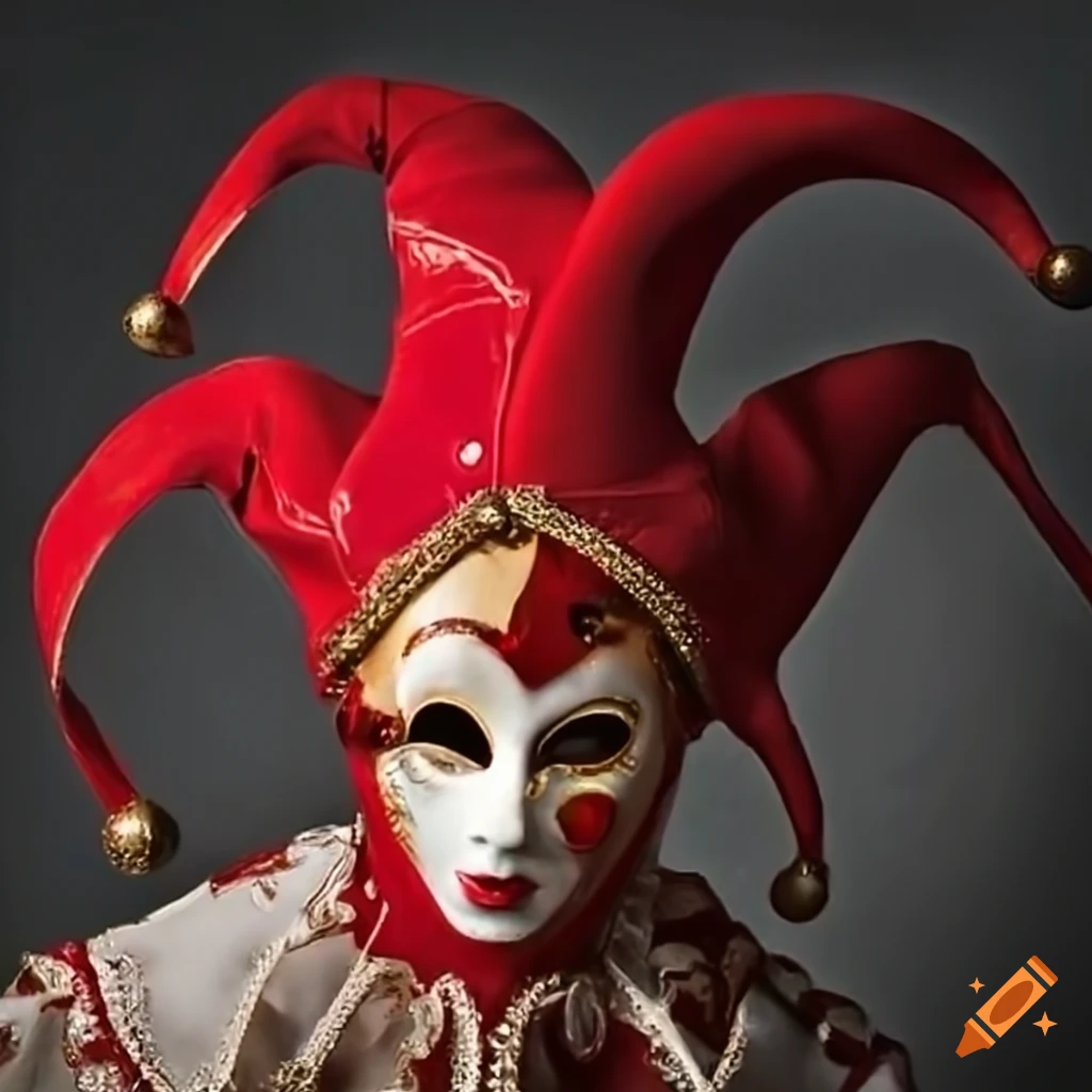 Sad male venetian jester with broken red mask on Craiyon