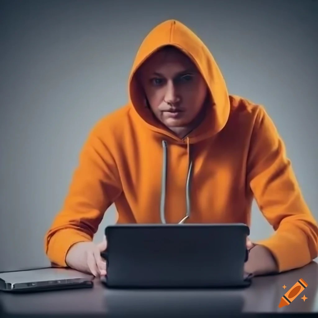Man in orange hoodie typing on a computer keyboard on Craiyon
