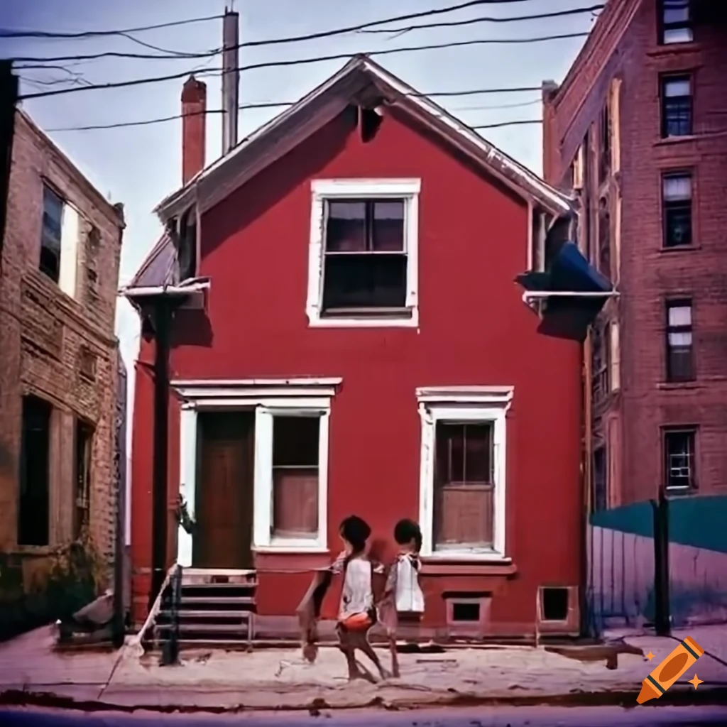 Red house in a 1970s chicago latino neighborhood with children playing ...