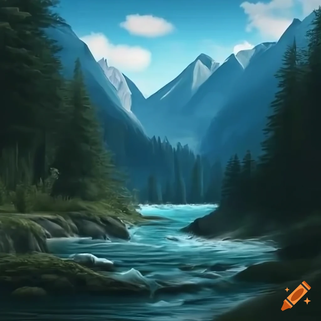 Hyper realistic mountain scenery with a river flowing through on Craiyon