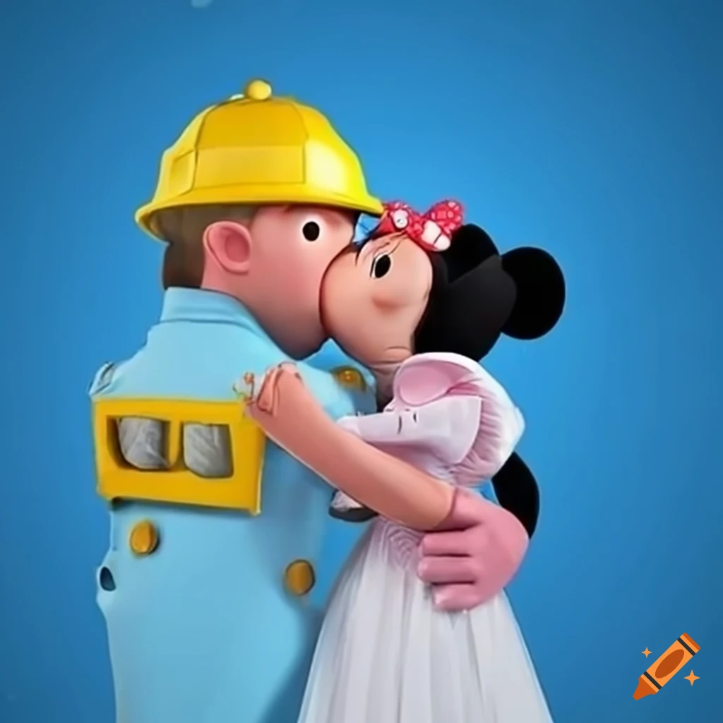 Bob the builder kissing minnie mouse in wedding attire on Craiyon