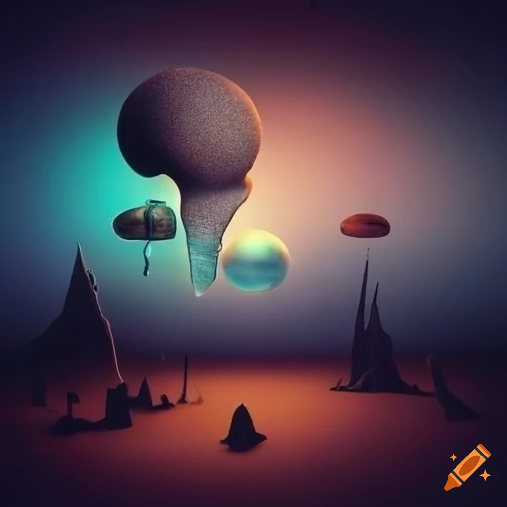 Surrealist landscape with random inside design objects on Craiyon