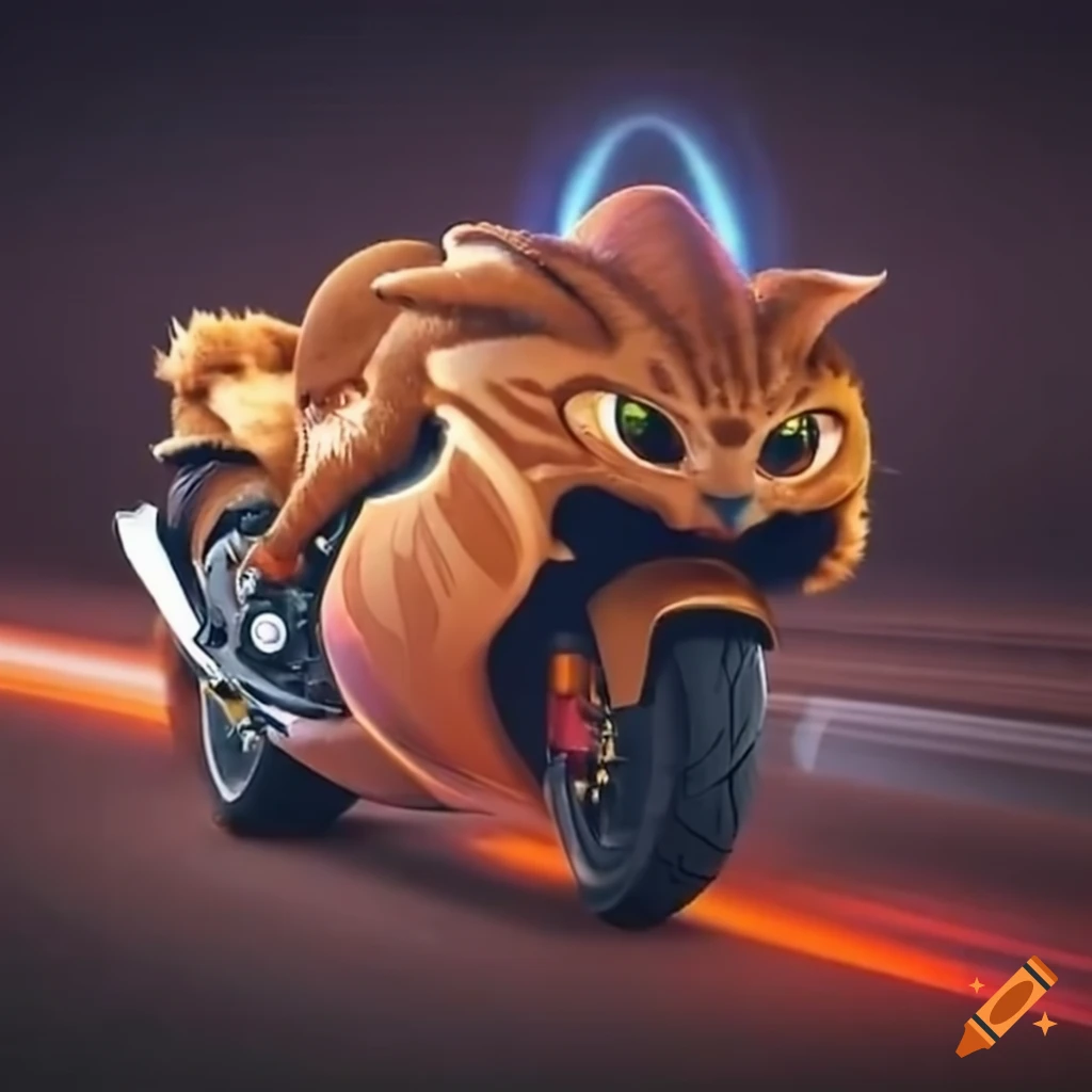 Orange cat riding a fast hayabusa motorcycle on Craiyon