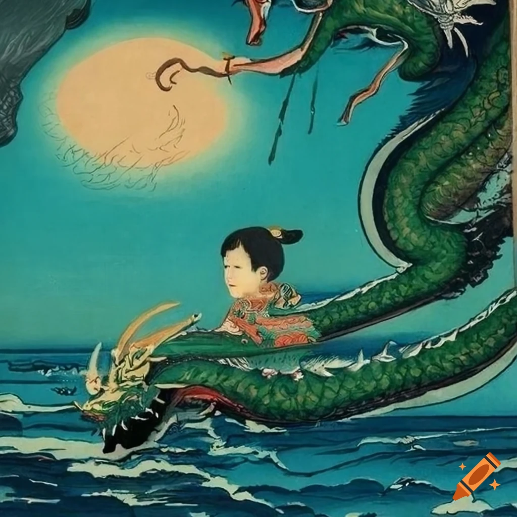 Serene scene of a boy sleeping atop a vibrant green dragon in ...