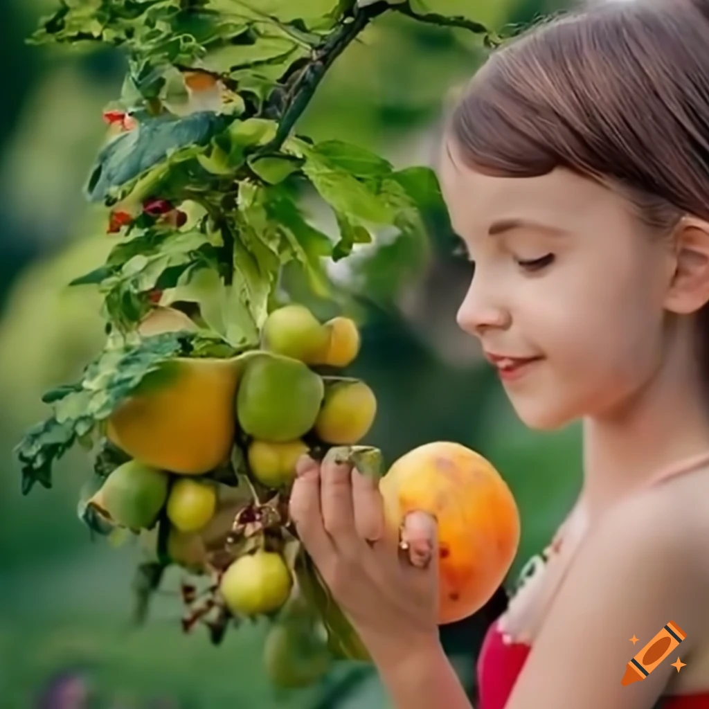 Beautiful girl collecting fruit in the home garden on Craiyon