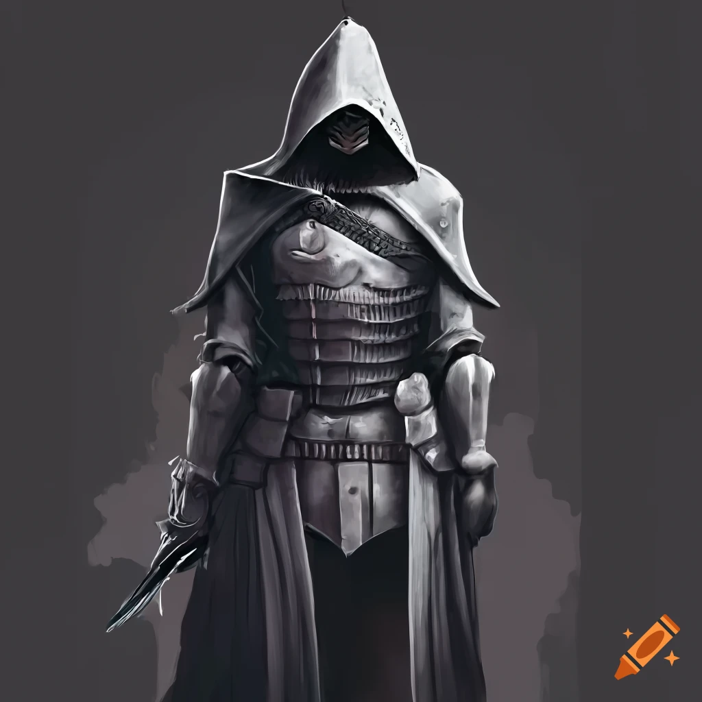 Man standing in hooded knight's armor holding a saber in front of a ...