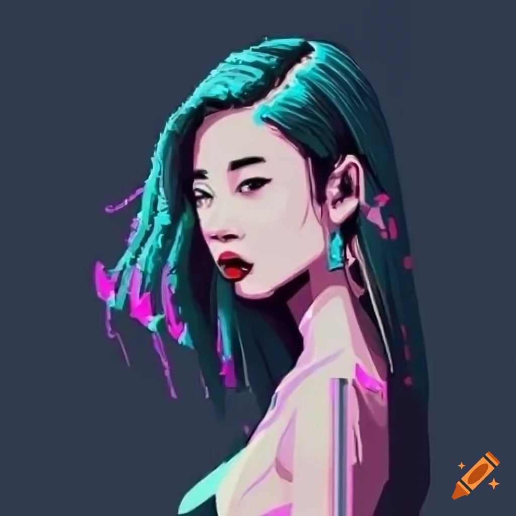 Cyberpunk asian girl portrait in vaporware style on black background on ...