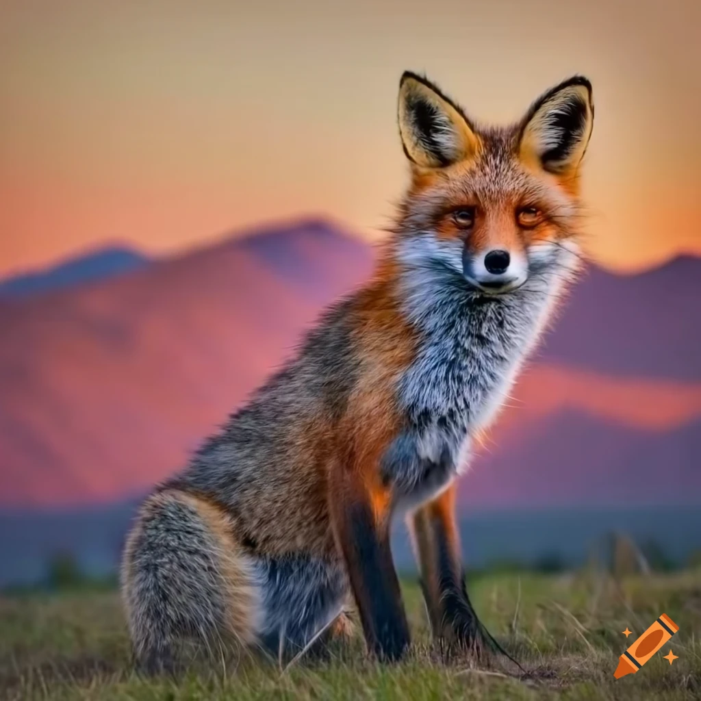 Majestic fox in a grassy field during sunset with rolling mountains in ...