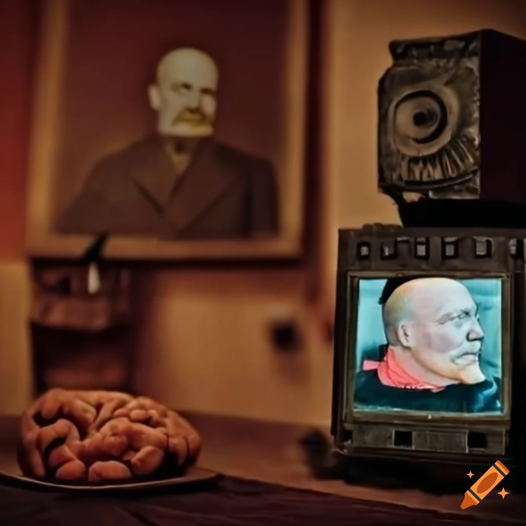 Figure of Lenin watching a film at an antique cinema while holding a ...