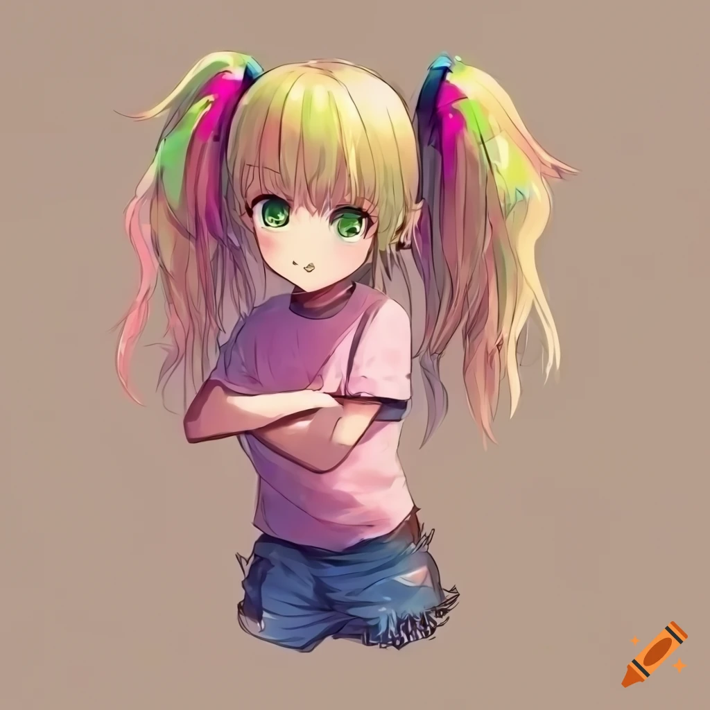 Anime Girl With Blonde Hair Green Eyes Pink Sleeveless Shirt Arms Crossed On Craiyon