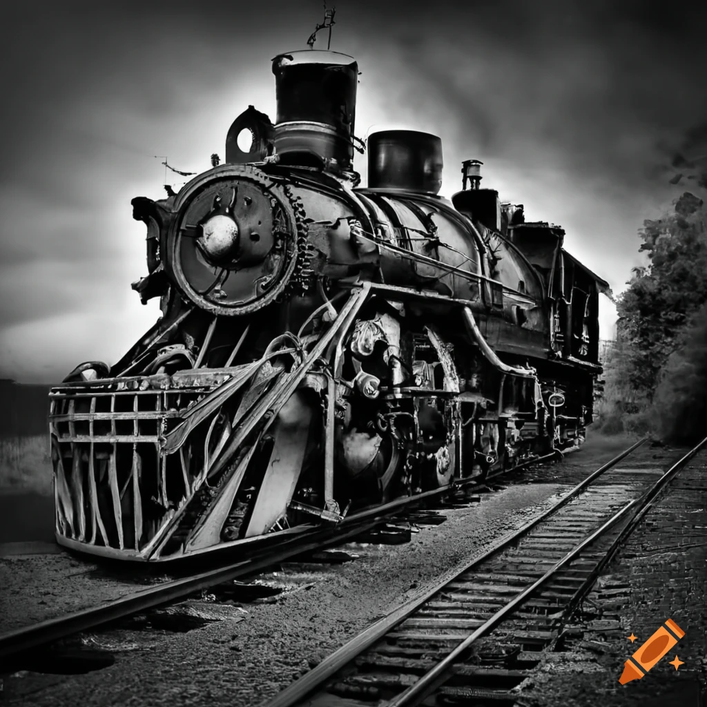 High contrast black and white steampunk ghost train on Craiyon