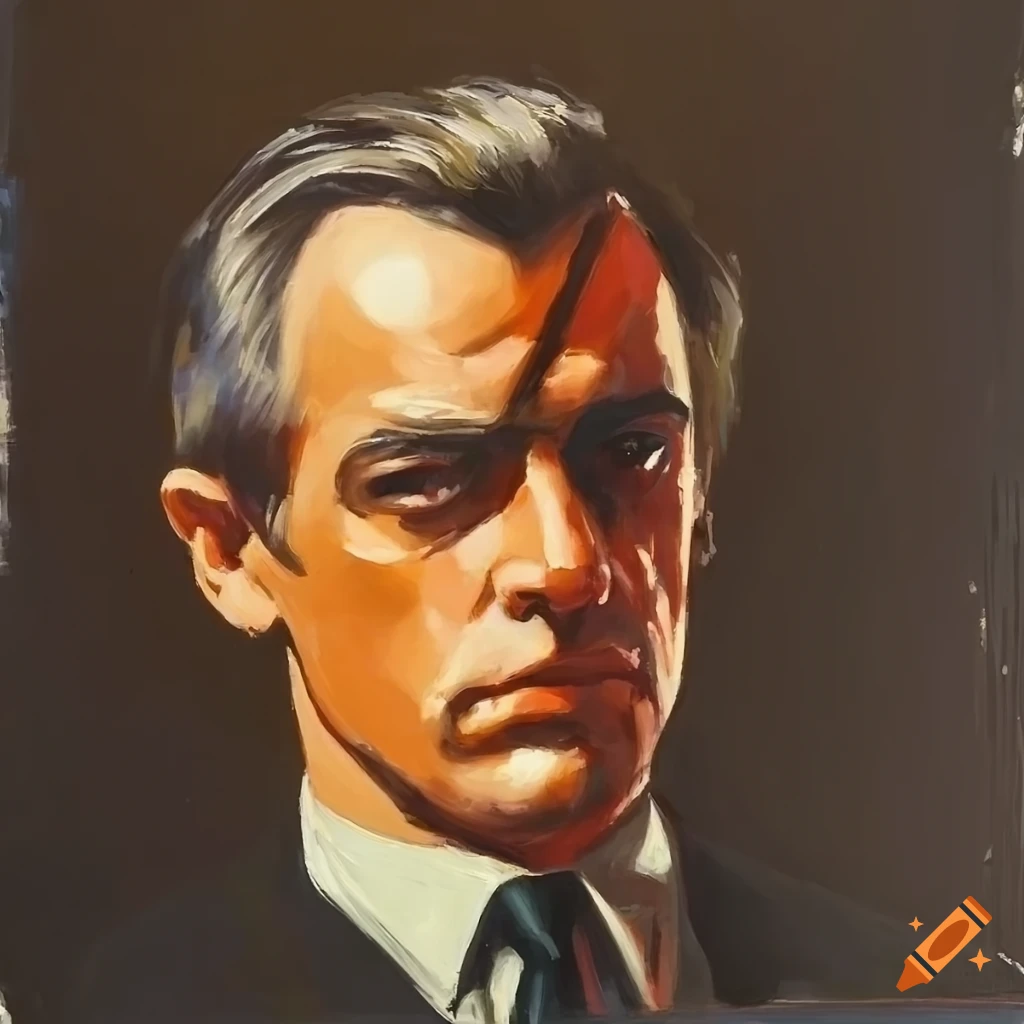 Suspicious scene with a vintage 007 vibe in masterful oil painting ...