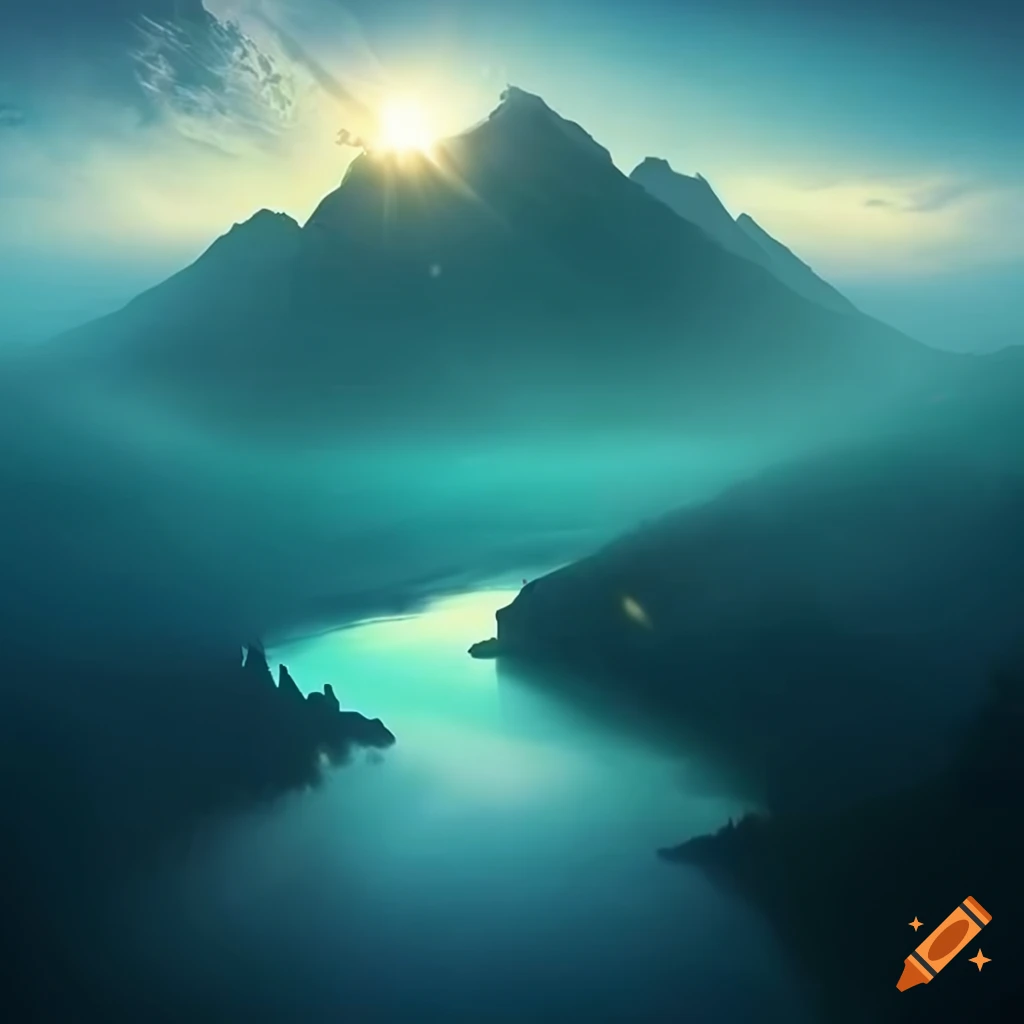 Special effects with god rays shining on mountain lake on Craiyon