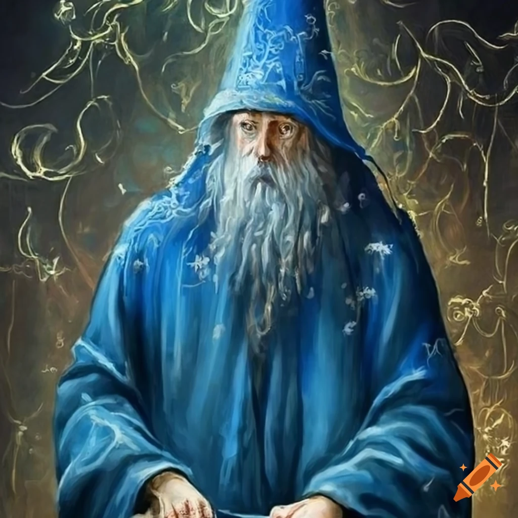 Wizard in blue robes with magic sparks in a medieval library on Craiyon
