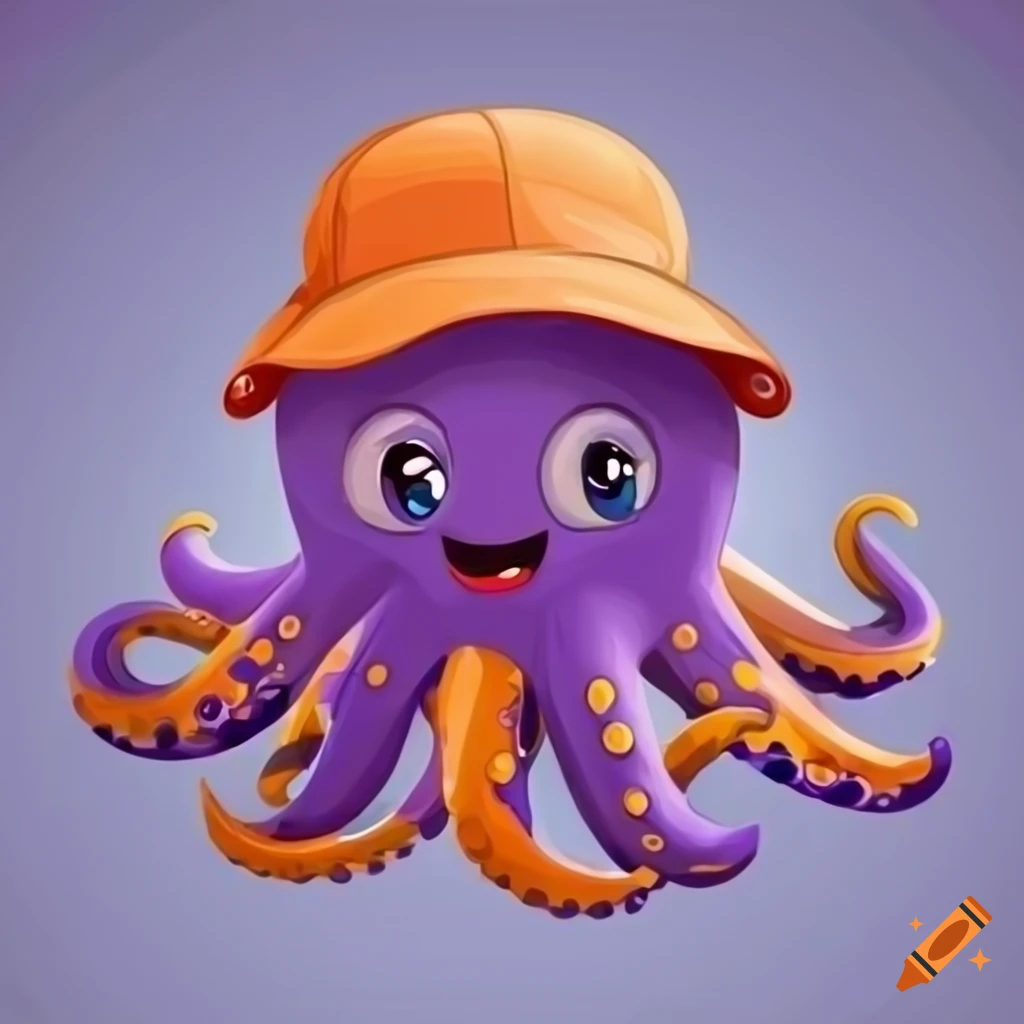 Cartoony octopus with purple and orange skin wearing a baseball hat on ...