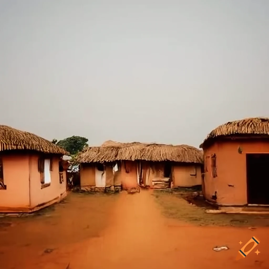 Reflection of Ghanaian village with terracotta houses and shea trees on ...
