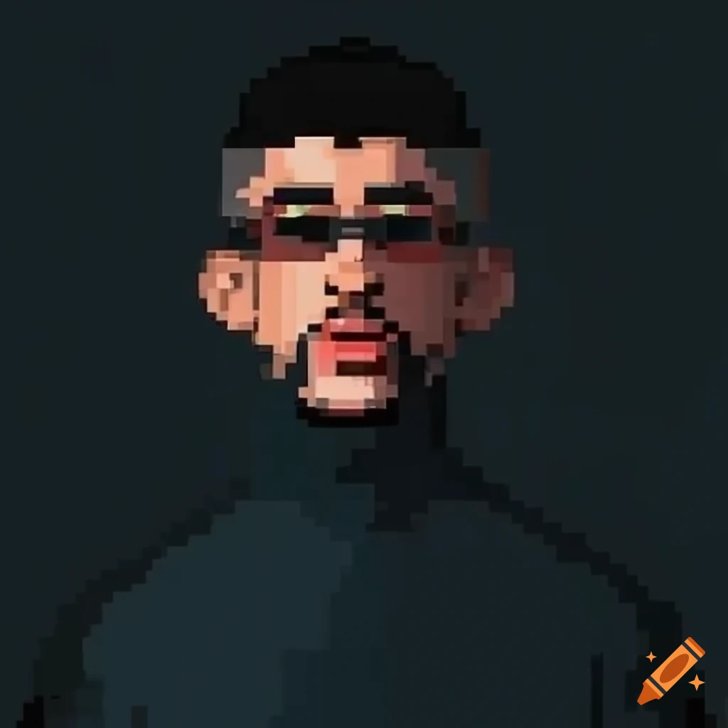 Pixel art of bad bunny in stylish outfit and bold posture on Craiyon