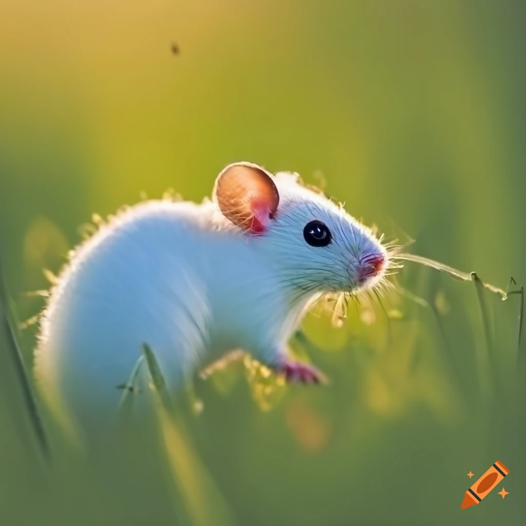 Close-up of a white mouse with dew in a grassy meadow at sunset on Craiyon