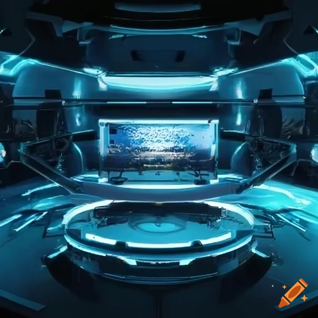 Futuristic high-tech media studio with advanced screens and equipment ...