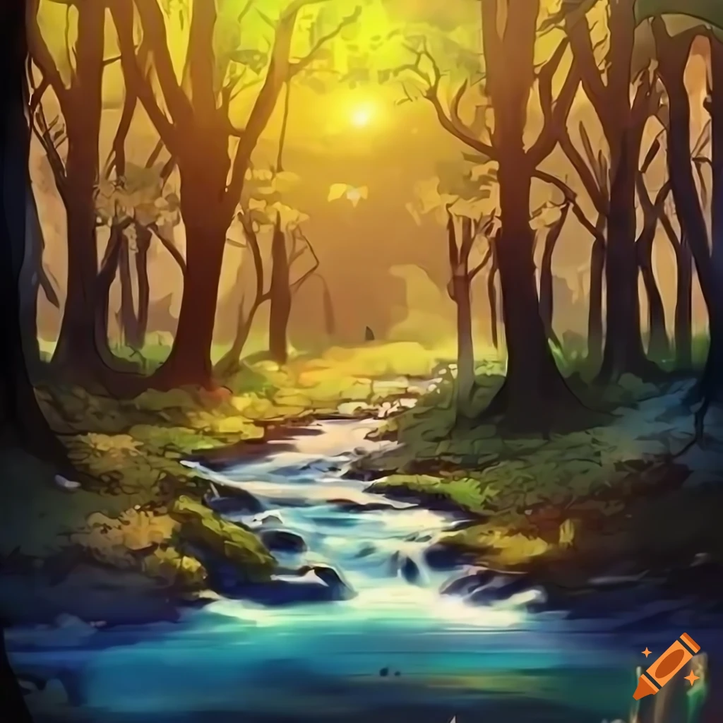 Oak forest of diamond trees with crystal clear stream during golden ...