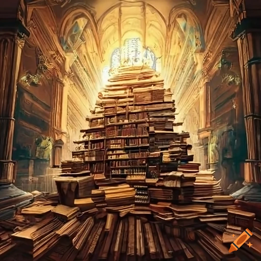 Grand library with stacks of tomes in an epic art setting on Craiyon