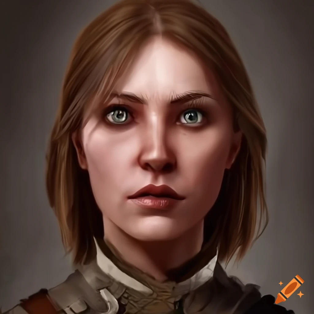 Close-up portrait of a female medieval rogue with light brown hair on ...