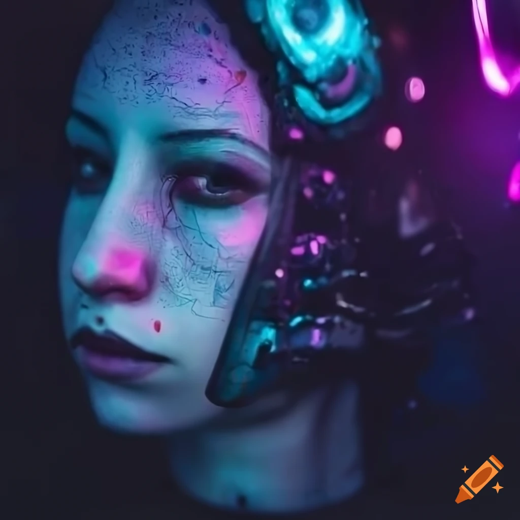 Cyborg goddess with human features in a dark cyberpunk cityscape on Craiyon