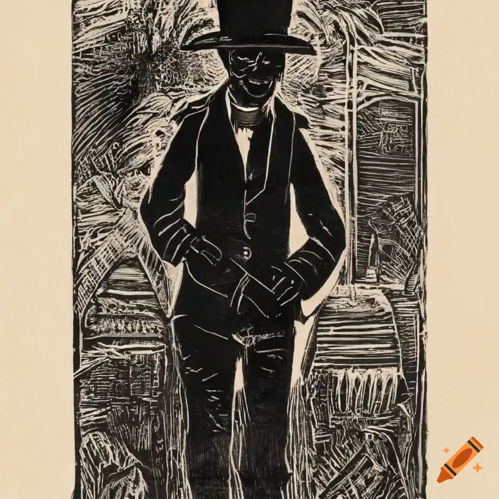 Standing man with bowler hat in a linocut style on Craiyon