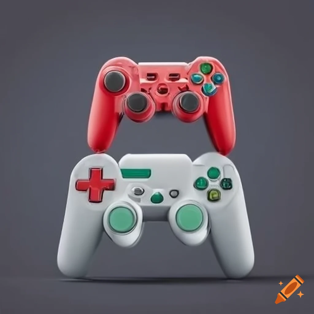 Iconic red and white gaming console with controllers and cartridges on ...